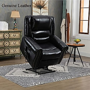 Electric Power Lift Recliners,Heated and Massage Reclining Lifting Sofa Chair,Genuine Leather Upholstered Recliner Armchair,Dual Motor Infinite Lounge Couch w/USB Ports,Side Pockets&Nailed Decor