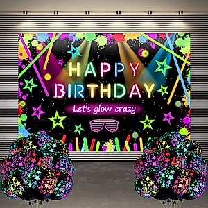 Neon Party Decorations, 5.9 x 3.6Ft Neon Party Backdrop with 18 Neon Balloons, Let Glow Party Banner Glow Party Supplies Neon Birthday Party Decorations for Kids