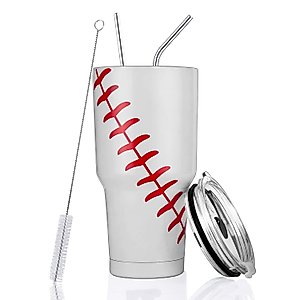Joyclub 30oz Baseball Tumbler Stainless Steel Double Wall Vacuum Insulated Tumbler Cup Travel Mug with Lid, Straw and Cleaning Brush
