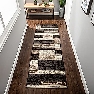 Superior Indoor Runner Rug, Jute Backed, Modern Geometric Patchwork Floor Decor for Bedroom, Office, Living Room, Entryway, Hardwood Floors, Rockwood Collection, 2' x 11', Chocolate