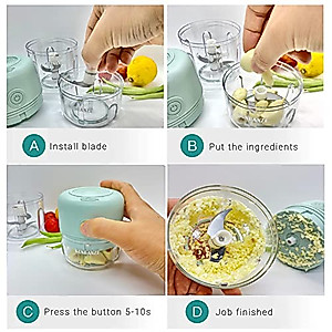 KONBANZE 2-CUP Electric Portable Mini Garlic Onion Chopper Crusher Small Food Processor Mini Food Processor Masher USB Charging Food Vegetable Cutter Kitchen Gadgets (GREEN)