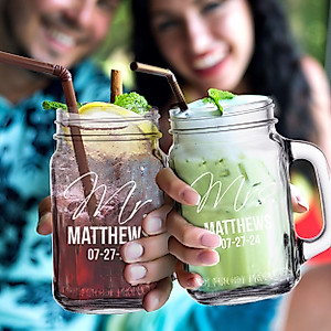 My Personal Memories Set of 2 Mr and Mrs Personalized Mason Jar Glasses - Engraved, Custom, Monogrammed Barware Glassware Gifts
