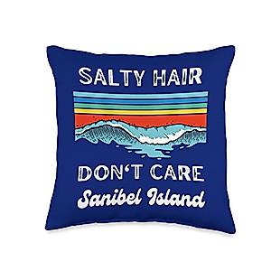 Funny Sanibel Island Lovers Wrinkled Hippie Salty Hair Don't Care Funny Sanibel Island Florida Lovers Throw Pillow, 16x16, Multicolor