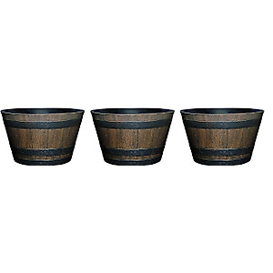 Classic Home and Garden Whiskey Plastic Resin Flower Pot Barrel Planter, Walnut Brown, 20.5" (Pack of 3)
