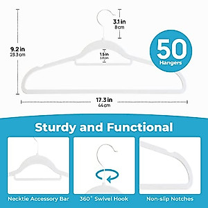 Fontaines Luxury White Velvet Felt Non Slip Clothes Hangers 50 Pack - Ultra Slim & Space Saving - Heavy Duty Swivel White Hook for Clothing, Suit, Top, Tie, Shirt, Skirt & Pant Organization