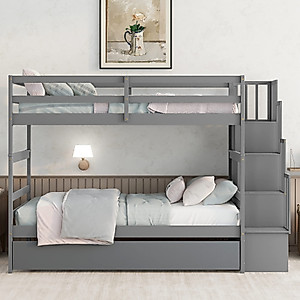 Harper & Bright Designs Stairway Bunk Bed Twin Over Twin with Trundle,Detachable Bunk Beds Twin Over Twin with Stairs,Wood Twin Bunk Beds with Storage Shelves for Kids Teens Girls Boys, Grey
