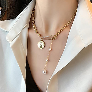Y2K Necklace Coin Pendant Layered Necklace 18K Gold Plated Ball Splicing Chain Paper Clip Pearl Drop Fashion Y2k Choker Jewelry for Women Girl