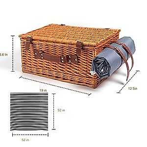 Wicker Picnic Basket for 4 Persons with Waterproof Picnic Blanket,Picnic Set for Family with Insulated Cooler Compartment Utensils,Wedding Gifts for Couples Unique