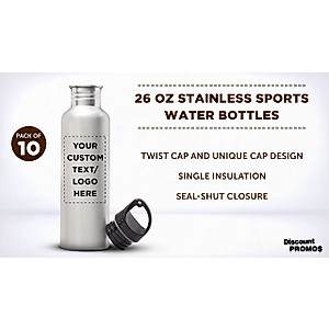 DISCOUNT PROMOS Custom Stainless Steel Water Bottles 26 oz. Set of 10, Personalized Bulk Pack - Reusable, Leak Proof, Perfect for Gym, Hiking, Camping, Outdoor Sports - Silver