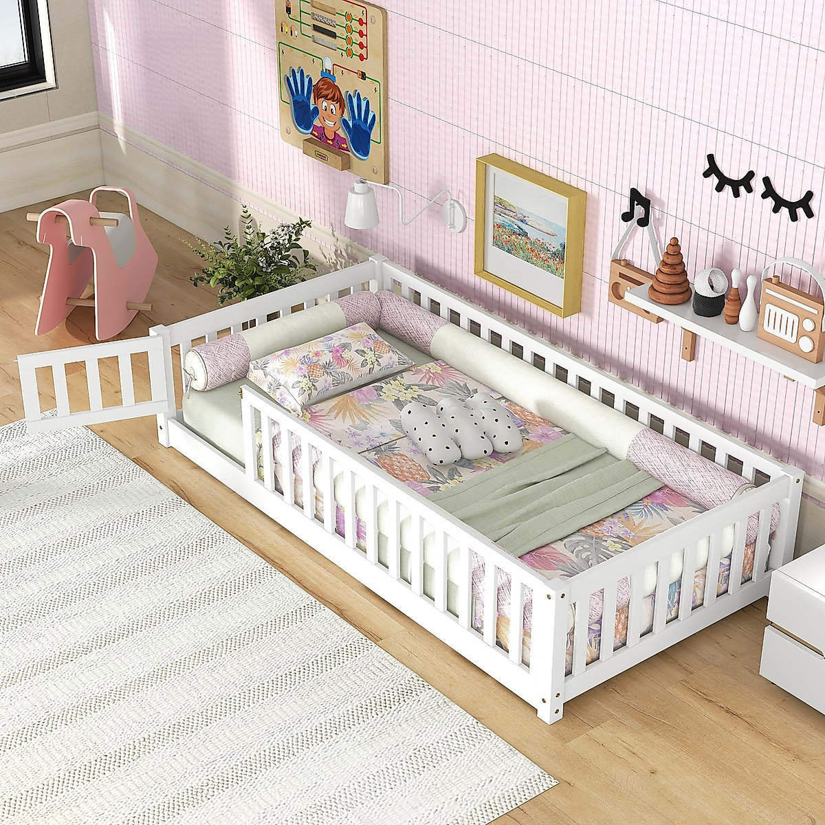 Bellemave Floor Bed for Kids,Twin Size Montessori Floor Bed with Door and Fence,Solid Wood Twin Bed Frame with Removable Slats for Girls Boys,Twin,White