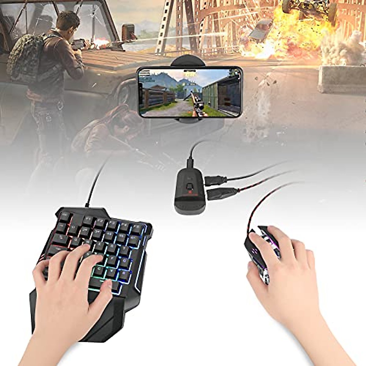 Half Hand Gaming Keyboard and Mouse Combo Laelr 35 Keys PUBG Wired Mechanical RGB LED Backlit Half Keyboard with Wrist Rest Wired Gaming Mouse Converter for Android IOS, Not support IOS 13.4 and above