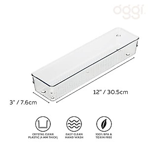 Oggi Clear Drawer Organizer - 3" X 12" - Ideal for Organizing Kitchen Drawers, Office, Desk, Silverware, Kitchen Utensils, Cosmetics and Bathrooms