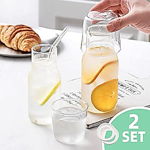 2 Sets Bedside Water Carafe and Glass Set with Tumbler 18oz,Recycled Glass Bedside Night Carafe Mouthwash Decanter with Cup and Silicone Coaster,Clear Juice Pitcher for Living Room,Bathroom,Guest Room