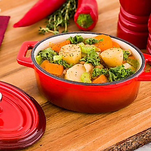 Restaurantware 9 Ounce Mini Casserole Dish 1 Mini Dutch Oven With Lid - Enameled Oval Red Cast Iron Mini Cocotte Heavy-Duty For Baking Braising or Roasting