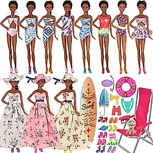 ZTWEDEN Doll Swimsuit Bikini Clothes and Beach Accessories for 11.5 Inch Girl Doll with Surfboard Diving Swim Accessories, 8 Bikini Swim Suit 3 Summer Dresses 10 Shoes Lifebuoys Beach Loungers