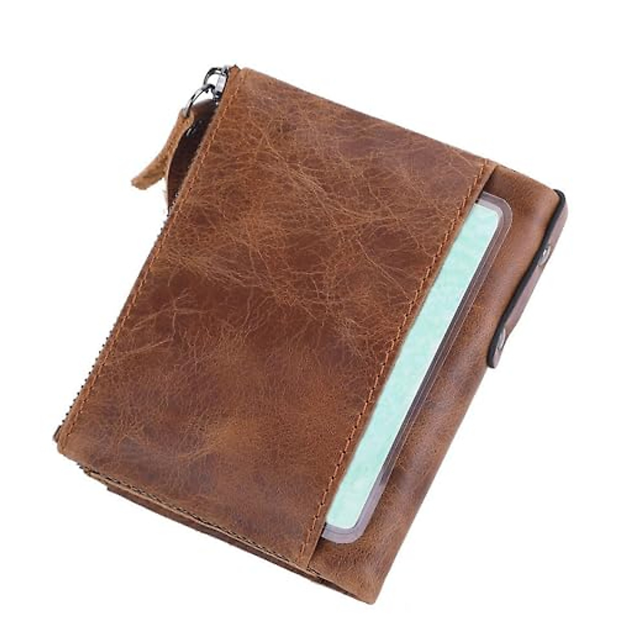 Genuine Leather Elegant Wallet, Unisex,Double exterior zipper coins,internal zip,1 x 4 x 4.7 inches,Slots for identification and several cards,closing and opening button,Elegant black gift box (Brown)