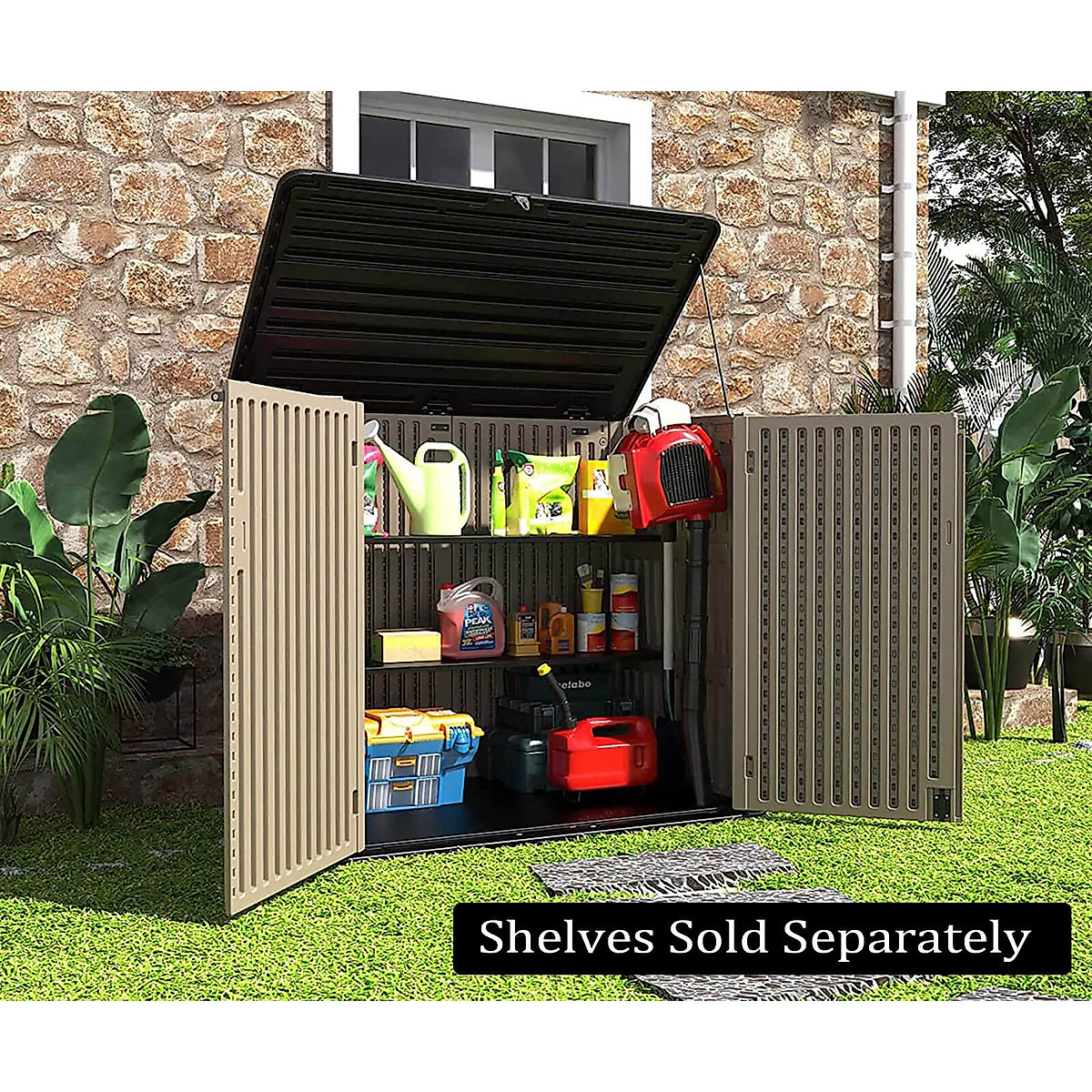 HOMSPARK Storage Shed Weather Resistance, Multi-Purpose Outdoor Storage Cabinet for Backyards and Patios, Horizontal Storage Shed for Lawnmower, Patio Accessories (Coffee, X Large - 48 cu.ft)