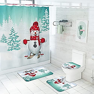 NEWSUYAA 4PCS Christmas Bathroom Decorations Sets Shower Curtain Toilet Seat Cover Rugs Sets Xmas Santa Claus Pine Tree Snowman Gnome Bathtub Decor (A3)