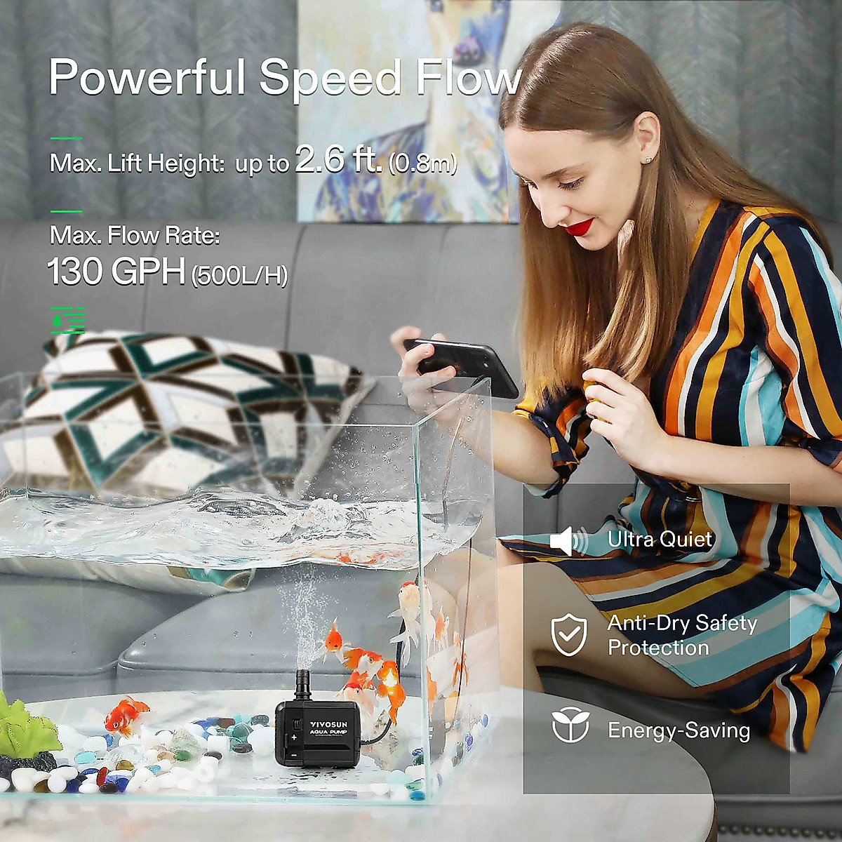 VIVOSUN 130GPH Submersible Pump(500L/H, 6W), Ultra Quiet Water Pump with 2.6ft High Lift, Fountain Water Pump with 5ft Power Cord, 2 Nozzles for Fish Tank, Pond, Aquarium, Statuary, Hydroponics