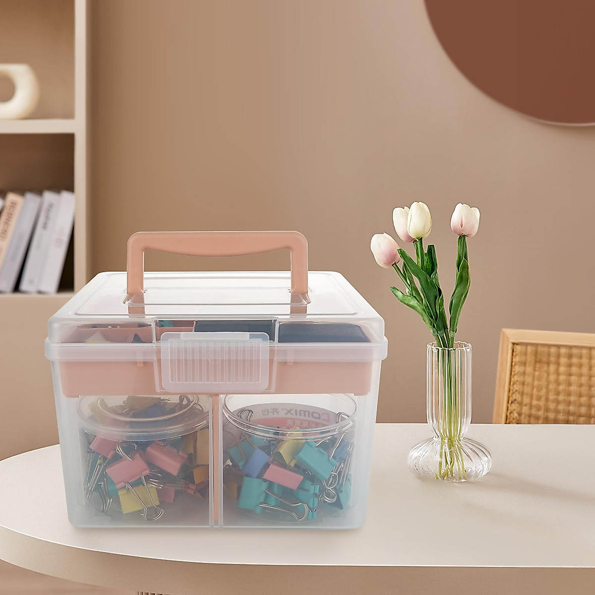 2 Pack Small Portable Plastic Storage Box for Beauty Ornaments Hair Nail Accessories, 2 Layer Cosmetic Case with Handle & Removable Tray & a Divider, Sewing Box Organizer, Art Box (Clear & Pink)