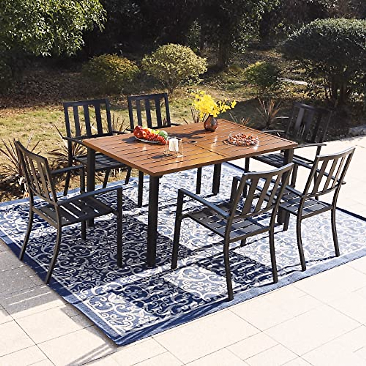 HERA'S HOUSE 7 Pieces Patio Dining Set, Outdoor Table and Chairs Set for 6, 60" Wood Look Table and 6 x Metal Patio Chairs for Backyard Lawn Garden Deck