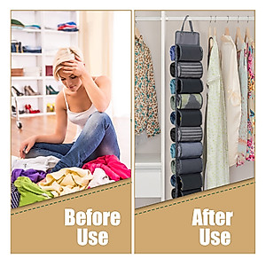 2 Pcs Clothes Closets Roll Holder- Hanging Closet System Closet Space Saver Clothes Organizer with 20 Roll Independent Compartments for T-Shirts Leggings Underwear Bras Socks (Gray, Double Sided)