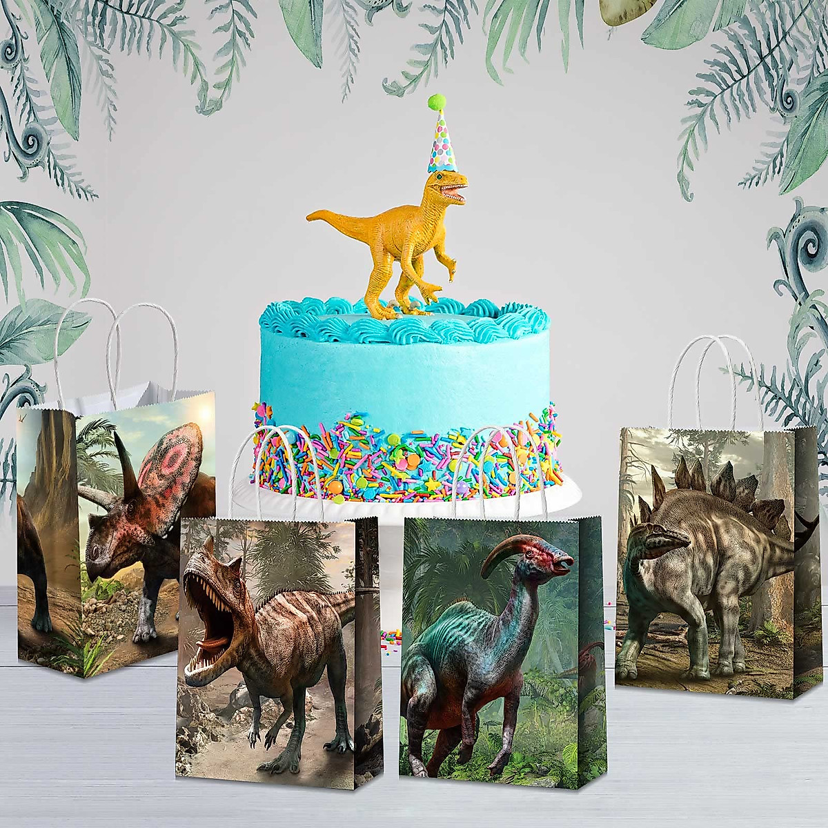 Funrous Dinosaur Gift Party Favor Dino Treat Bags Dinosaur Paper Goodie Bags with Handles Dino Candy Goodie Paper Package for Kids' Birthday Decorations Party Supplies, 8.7 x 6.3 x 3.2 Inch(18 Pcs)