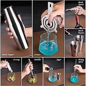 Cocktail Shaker Set Bartender Kit : 15-Piece Bar Tool Set with Acrylic Stand Bar Set with All Practical Bar Accessories, for Drink Mixing, Bar, Home, Lounge & Party, Silver