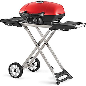 Napoleon TravelQ 285 Portable Gas BBQ Grill, Propane, Red Lid - TQ285X-RD-1-A Includes Folding Cart, Two Burners, Cast Iron Cooking Grids, Comes With Drop-in Griddle, Ideal for Camping & Tailgating