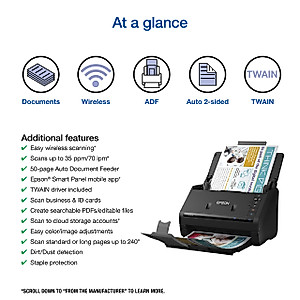 Epson Workforce ES-500W II Wireless Color Duplex Desktop Document Scanner for PC and Mac, with Auto Document Feeder (ADF) and Scan from Smartphone or Tablet (Renewed)