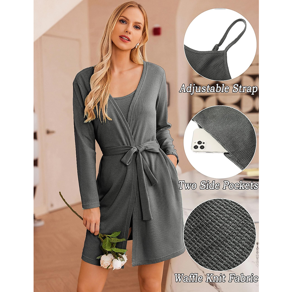 Ekouaer Womens 3 Piece Waffle Knit Lounge Set Soft Pajama Sets Tank Top and Shorts Cardigan with Pockets (Grey, XL)