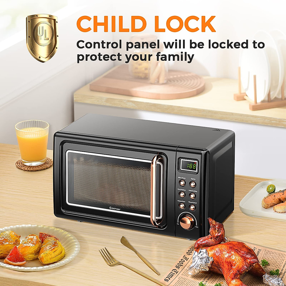 GLACER GT-23853GDEP Retro, Large 0.7Cu.ft, 700-Watt, Cold Rolled Steel Countertop with Time, Glass Turntable Plate, Pre-Programmed Cooking Settings, LED Display Microwave Oven, Rose Gold