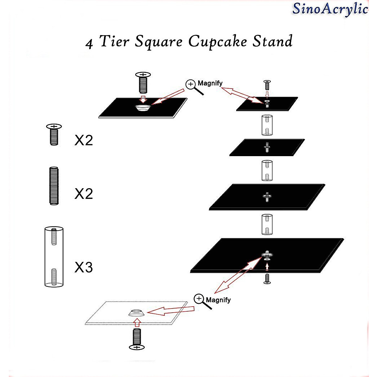 SinoAcrylic 4 Tier Square Cupcake Stand With Fantastic Plate - Dessert Display Holders - Black Stacked Party Cupcake Tree - Tiered Cake Stand - Cupcake Tower for Parties Birthday