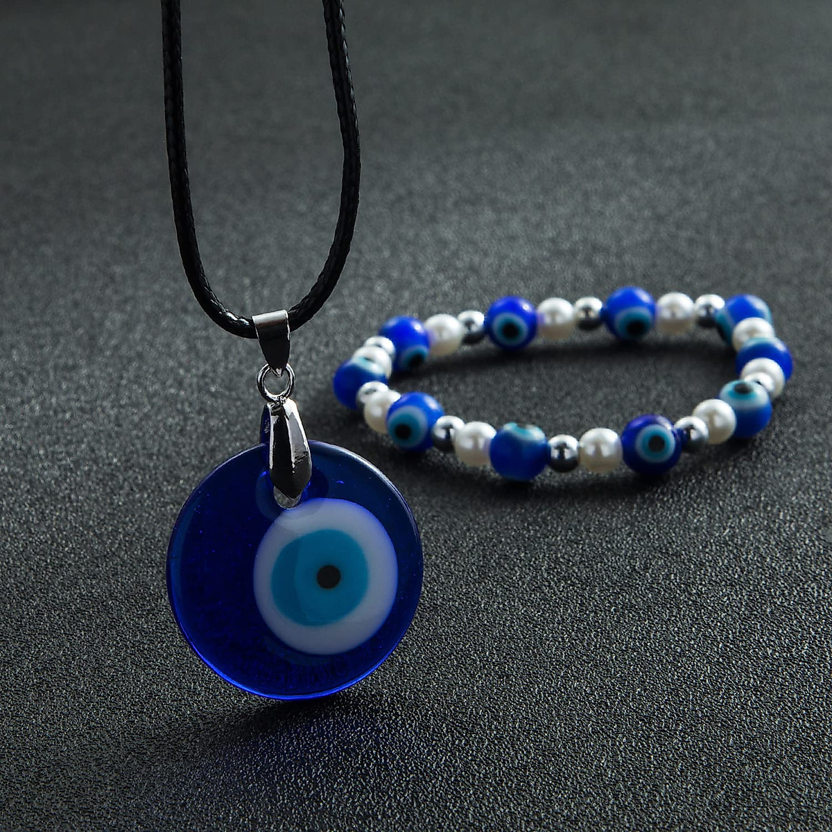 JDXN 4PCS Evil Eye Blue Glass Eye pendant Necklace Evil Eye Ring Set Plated Eye Rings Colorful Evil Eye Finger Ring For Women Girls (bule/Gold/Silver /4PCS)