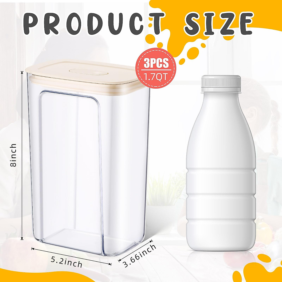 Blushtier 3 Pack Pop Containers 1.7 Qt Food Storage Containers with Lids Airtight One Button Opening Clear Rectangle Kitchen Storage Containers for Pantry Cereal Snack Sugar Coffee