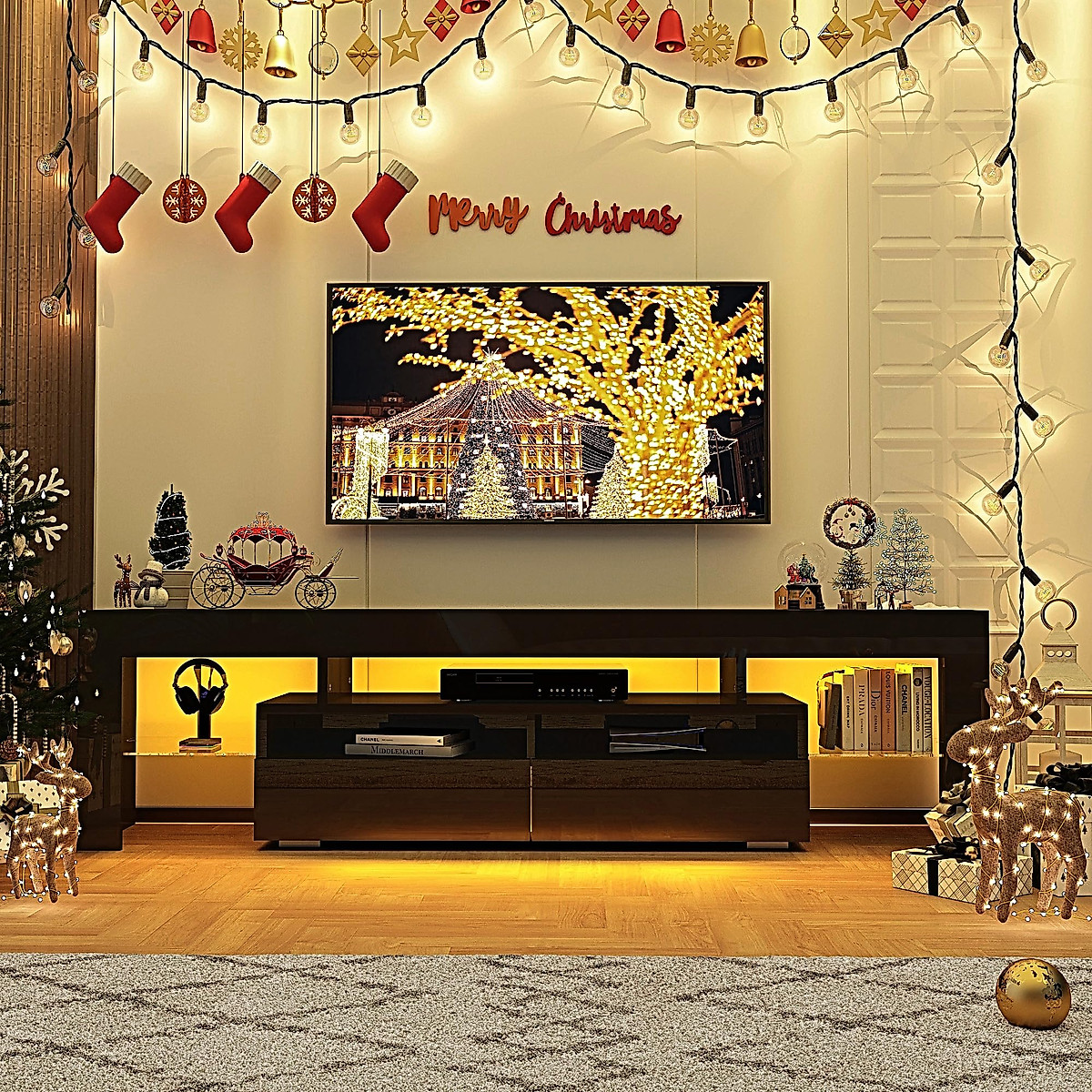 Uspeedy 70in TV Stand for 75/80 inch TV,Modern LED TV Stand for Living Room,Black TV Stand,High Gloss TV Entertainment Center with Storage Drawer,APP RGB Light,TV Console(71in Black)