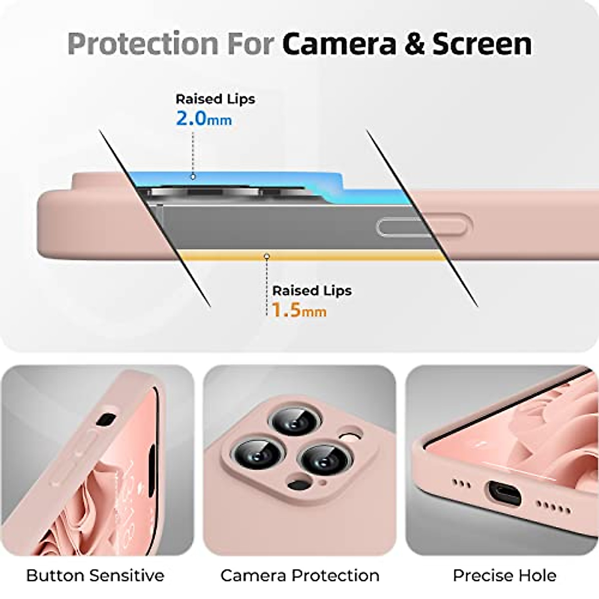 GOODVISH 3 in 1 Designed for iPhone 14 Pro Silicone Case 2022, with 2 Pack Screen Protector, Full Cover [Enhanced Camera Protection] 6.1" Soft 14pro Case[Anti-Scratch Microfiber Lining], Sand Pink