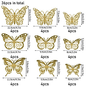 DIYASY Butterfly Wall Décor,36 Pcs Gold 3D Butterfly Stickers Decals for Room,Bedroom,Wedding and Nursery Decoration