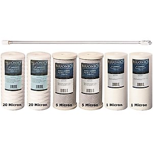 BLUONICS String-wound Sediment, CTO Carbon & Sediment + UV Bulb Replacement Filter Set for our Well Water System > 3pcs 4.5" x 10" Whole House Cartridges + Lamp