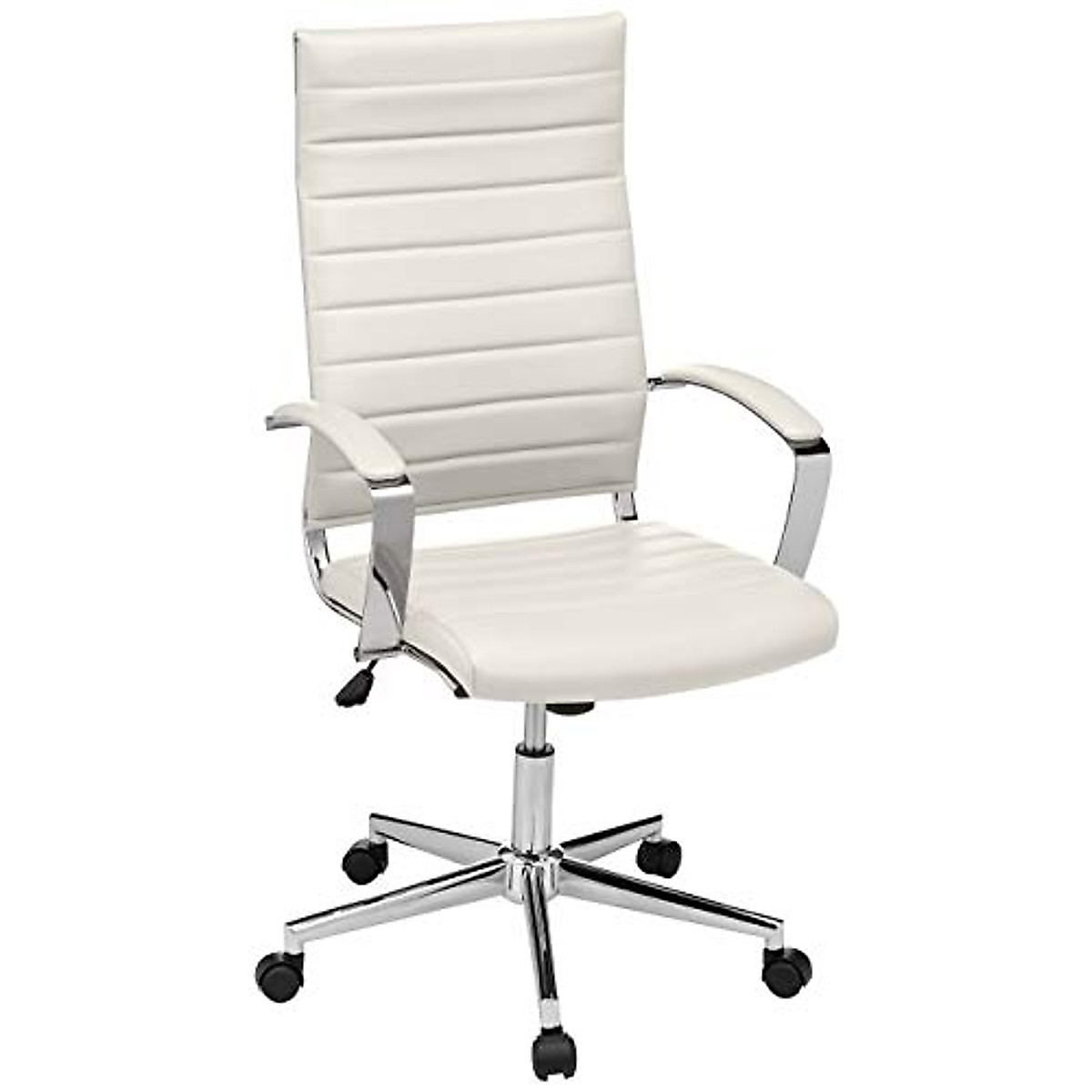 Amazon Basics High-Back Swivel Desk Chair, Ergonomic Ribbed Faux Leather Upholstery, Lumbar Support, Home Modern Style, Stunning White, 45.25" x 24.75" x 23.25"