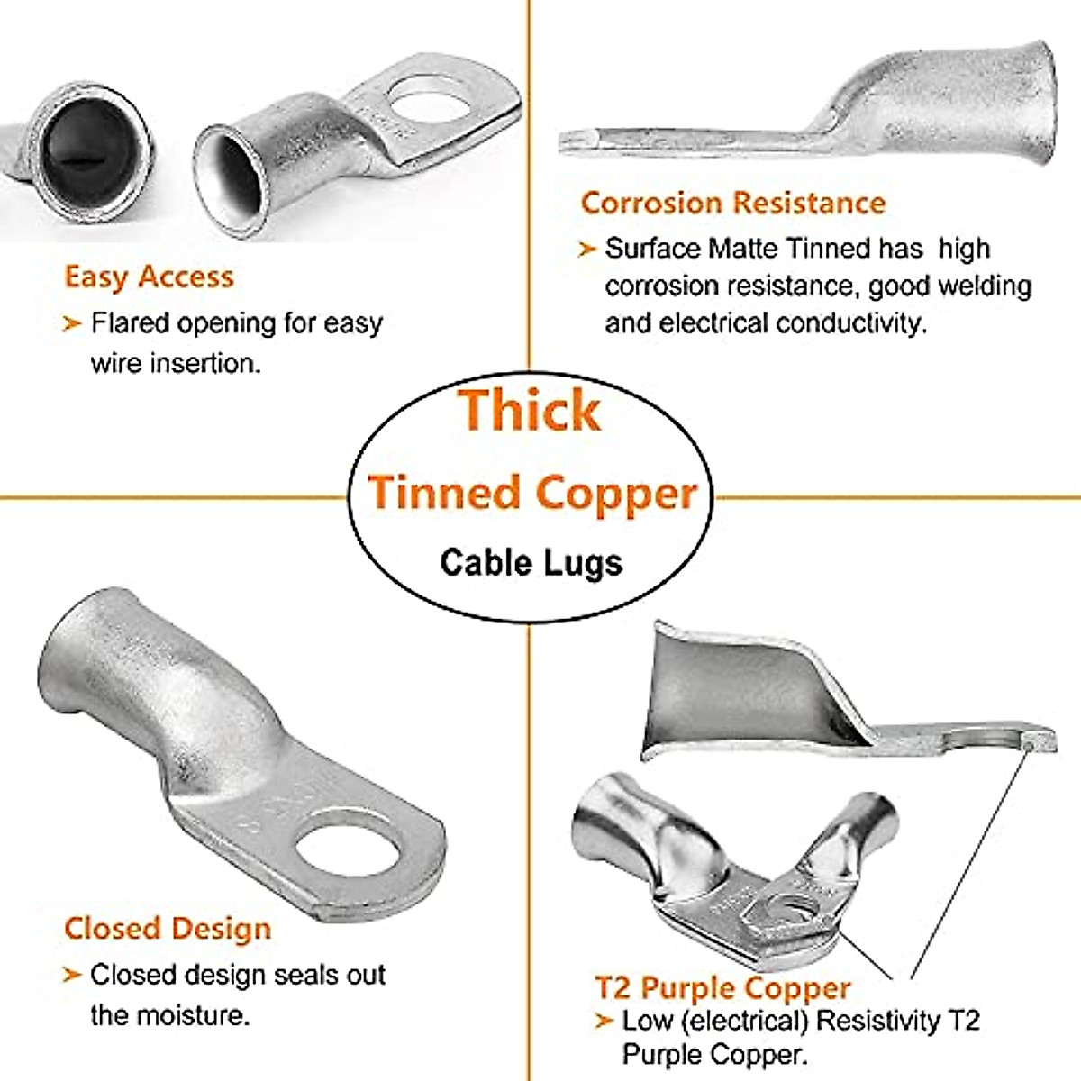 PONFY 10PCS Tinned Pure Copper Battery Lugs,1/0 AWG - 1/2" UL Listed Ring Terminals Wire Lugs Battery Cable Ends Tin Coated Heavy Duty Closed End Crimp Connectors Kit - Marine Grade