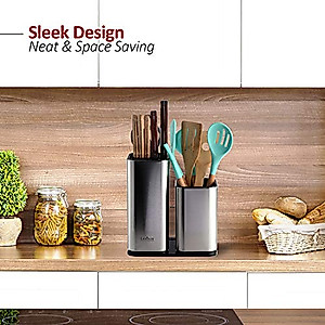 Knife Holder and Utensil Holder - Stainless-Steel Modern Rectangular Design Universal Knife Block and Kitchen Utensils Organizer for Counter-top