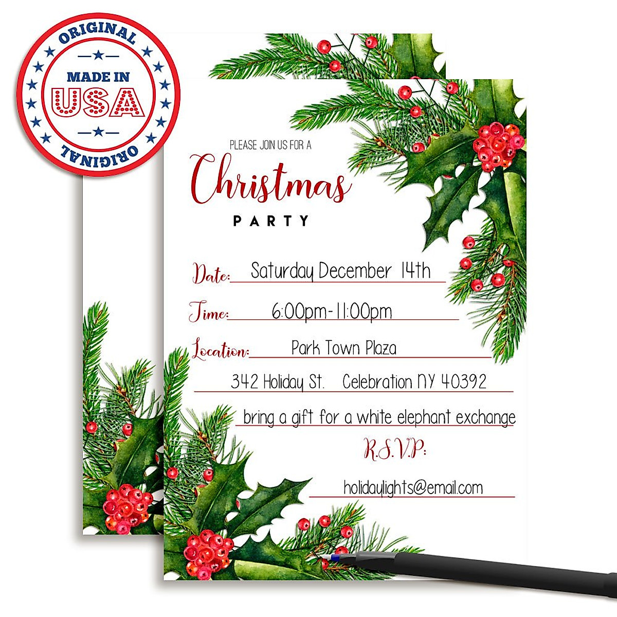 Watercolor Holly and Pine Christmas Holiday Party Invitations, 20 5"x7" Fill In Cards with Twenty White Envelopes by AmandaCreation