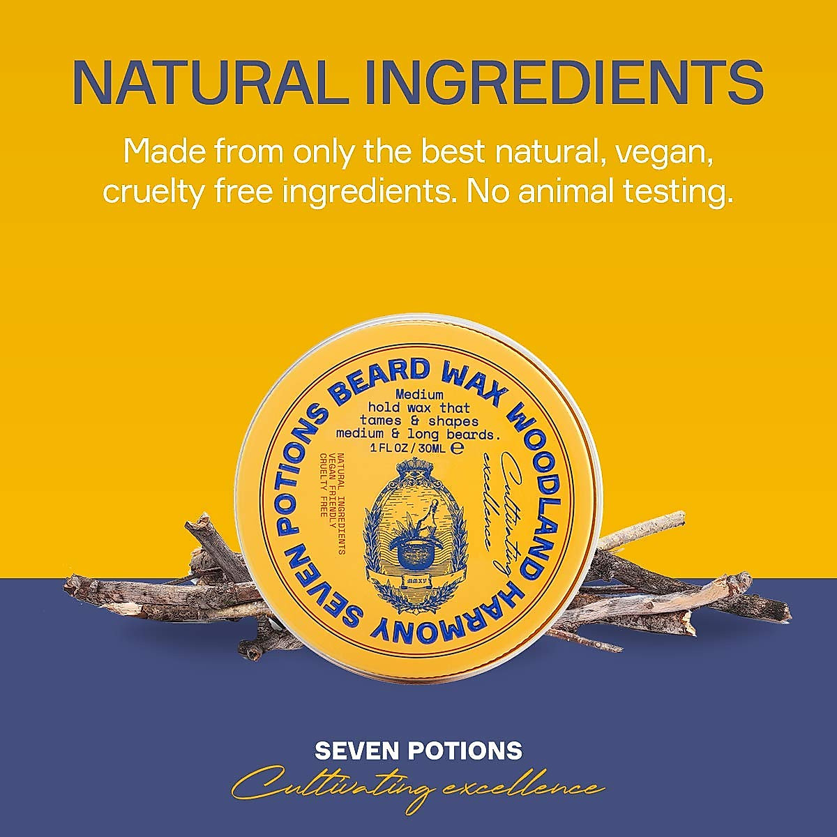 SEVEN POTIONS Natural Beard Styling Wax for Medium Hold - 1 oz, Shapes and Nourishes Without Stiffness (Woodland Harmony)