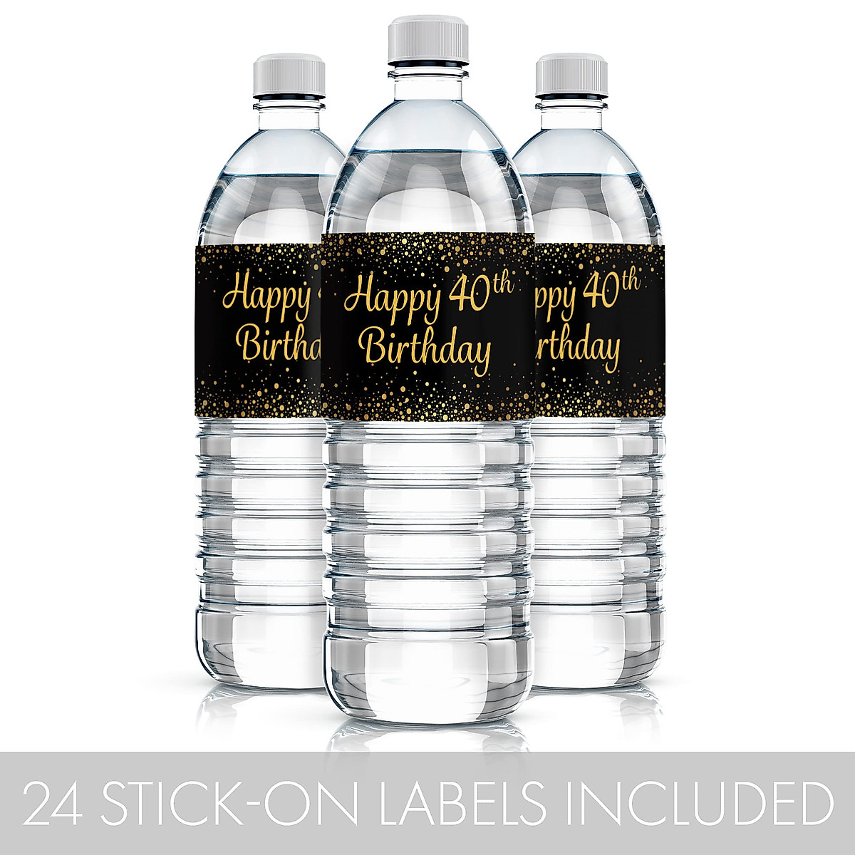 Black and Gold 40th Birthday Party Water Bottle Labels - 24 Stickers