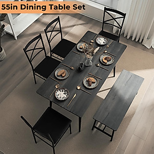 VINGLI 55in Modern Dining Table Set for 6, Rectangular Kitchen Dining Table, Bench, 6 Piece Wooden Dinner Table Set with Upholstered Chairs for Kitchen, Dining Room, Apartment - Dark Grey