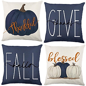 Vellibring Fall Pillow Covers 20 x 20 Inch Blue Pumpkins Throw Pillow Covers for Farmhouse Autumn Cushion Covers Thanksgiving Pillow Case for Indoor Home Bedroom Sofa Decor