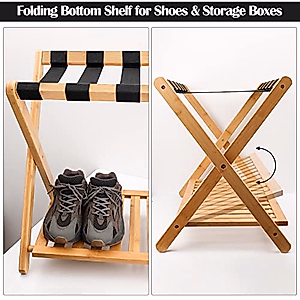 Purbambo Luggage Rack for Guest Room, Suitcase Stand with Storage Shelf, Bamboo Frame, 6 Nylon Straps, Foldable for Easy Storage