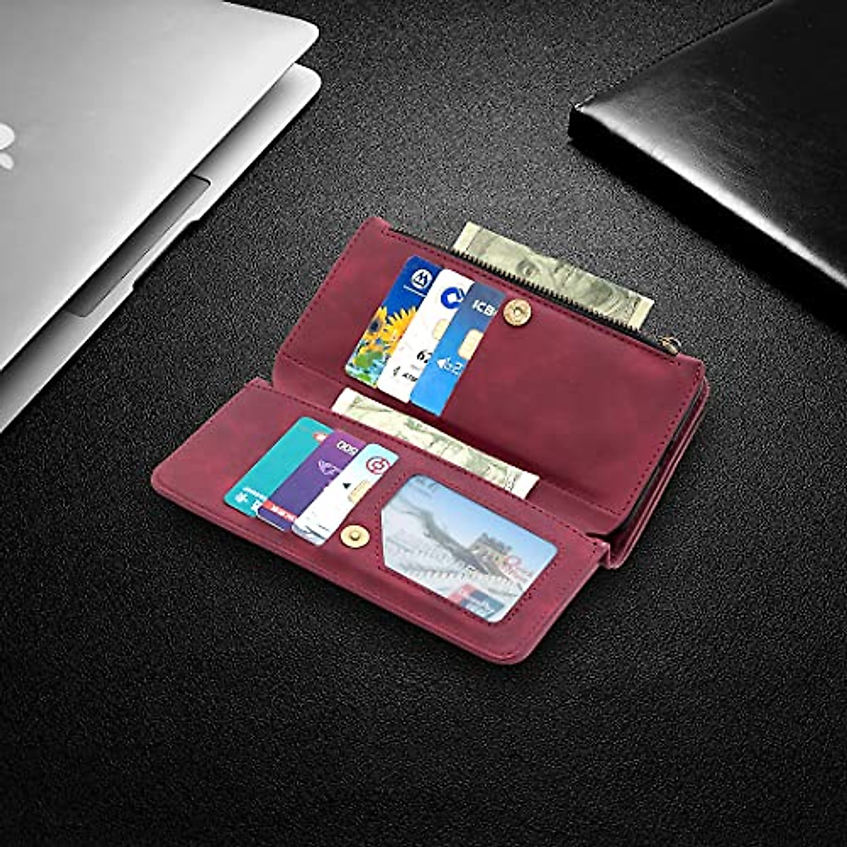 Fansipro Zipper Wallet Folio Case for Samsung Galaxy S9 Plus, Premium PU Leather Slim Fit Cover for Galaxy S9 Plus, 9 Card Slots, 1 Transparent Photo Frame Slot, Slip-Proof, Red