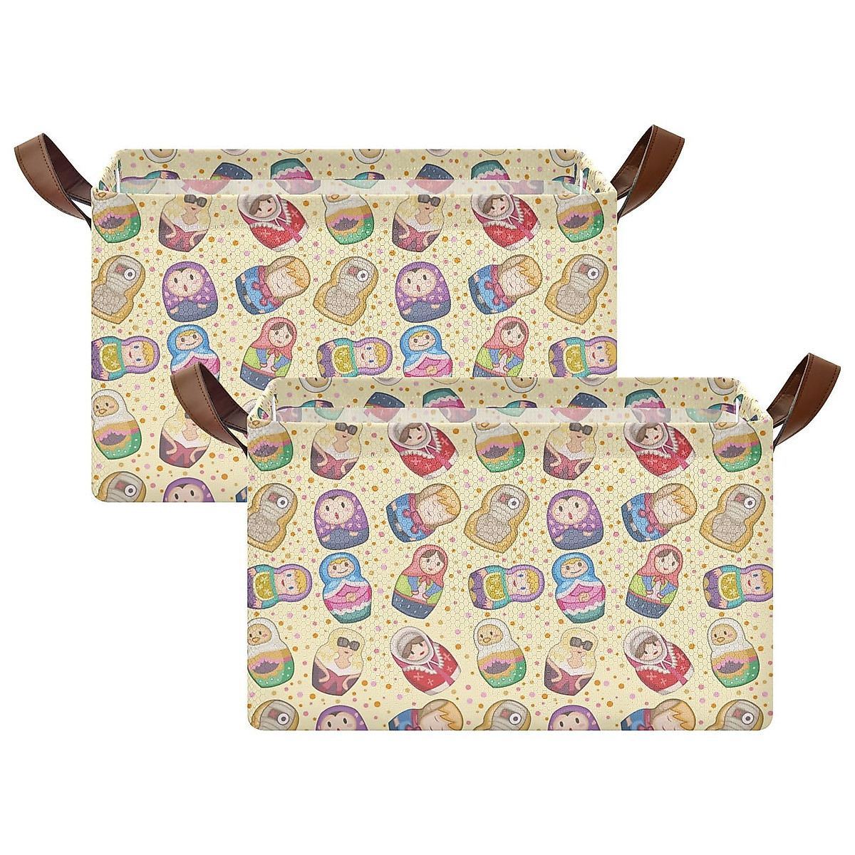 pnyoin Russian Dolls Pattern Large Capacity Storage Bins ,2 Pack Decorative Fabric Closet Bins with Handles Waterproof Foldable Rectangle Storage Boxes for Organizing Clothing, Sheets, Toys
